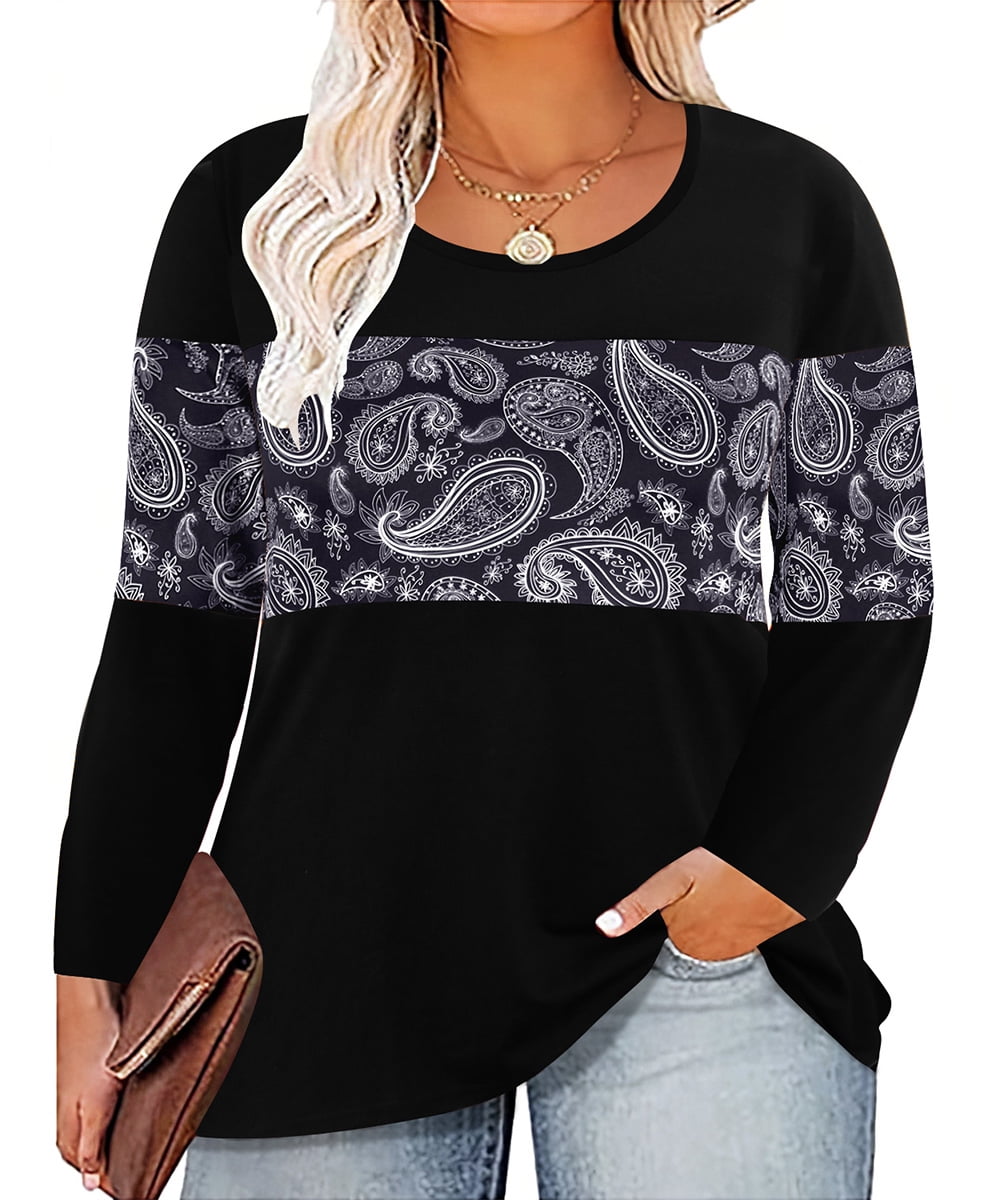 TIYOMI Plus Size Tunics For Women 2X Paisley Crewneck Color Block ...
