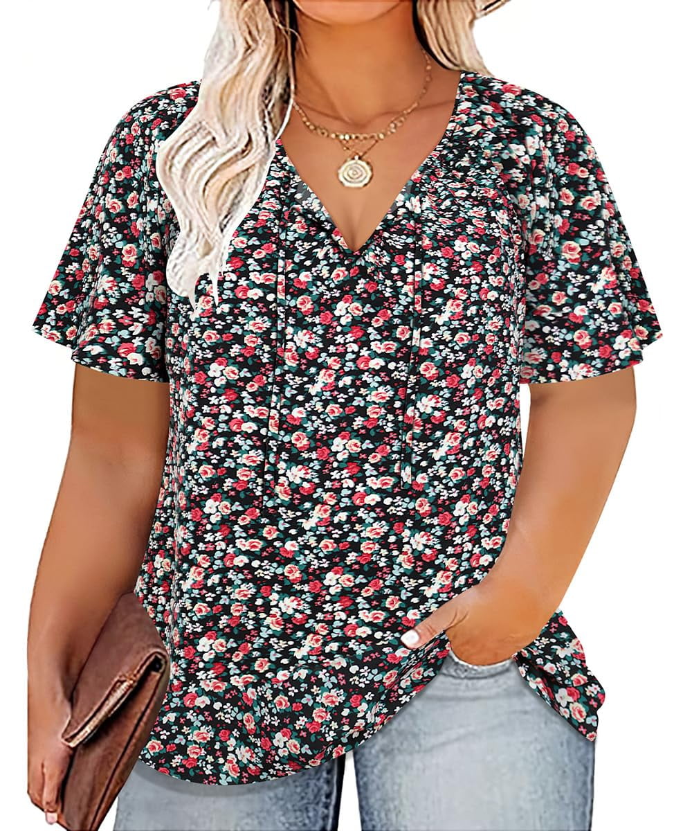 TIYOMI Plus Size Women's Floral Blouses 2X V Neck Chiffon Tops Flower ...
