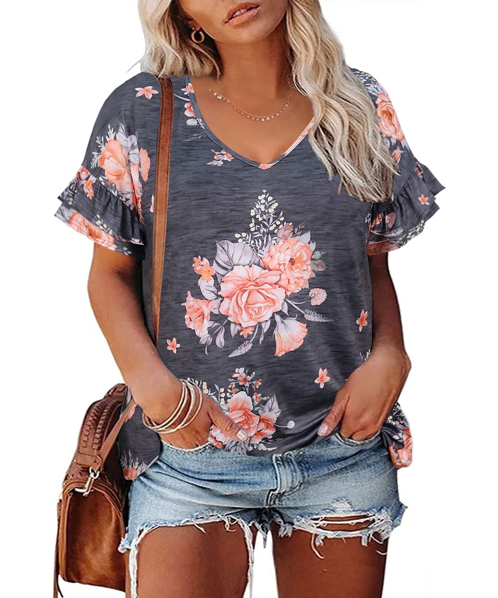 TIYOMI Plus Size Women's Floral Grey Shirts 2X V Neck Tops Flower ...