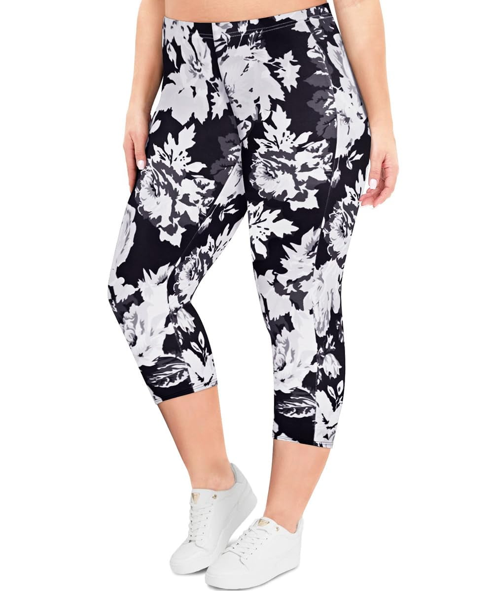 TIYOMI Plus Size Women's Floral Leggings 2X Knee-Length Capri Flower Tummy Control Capris ...