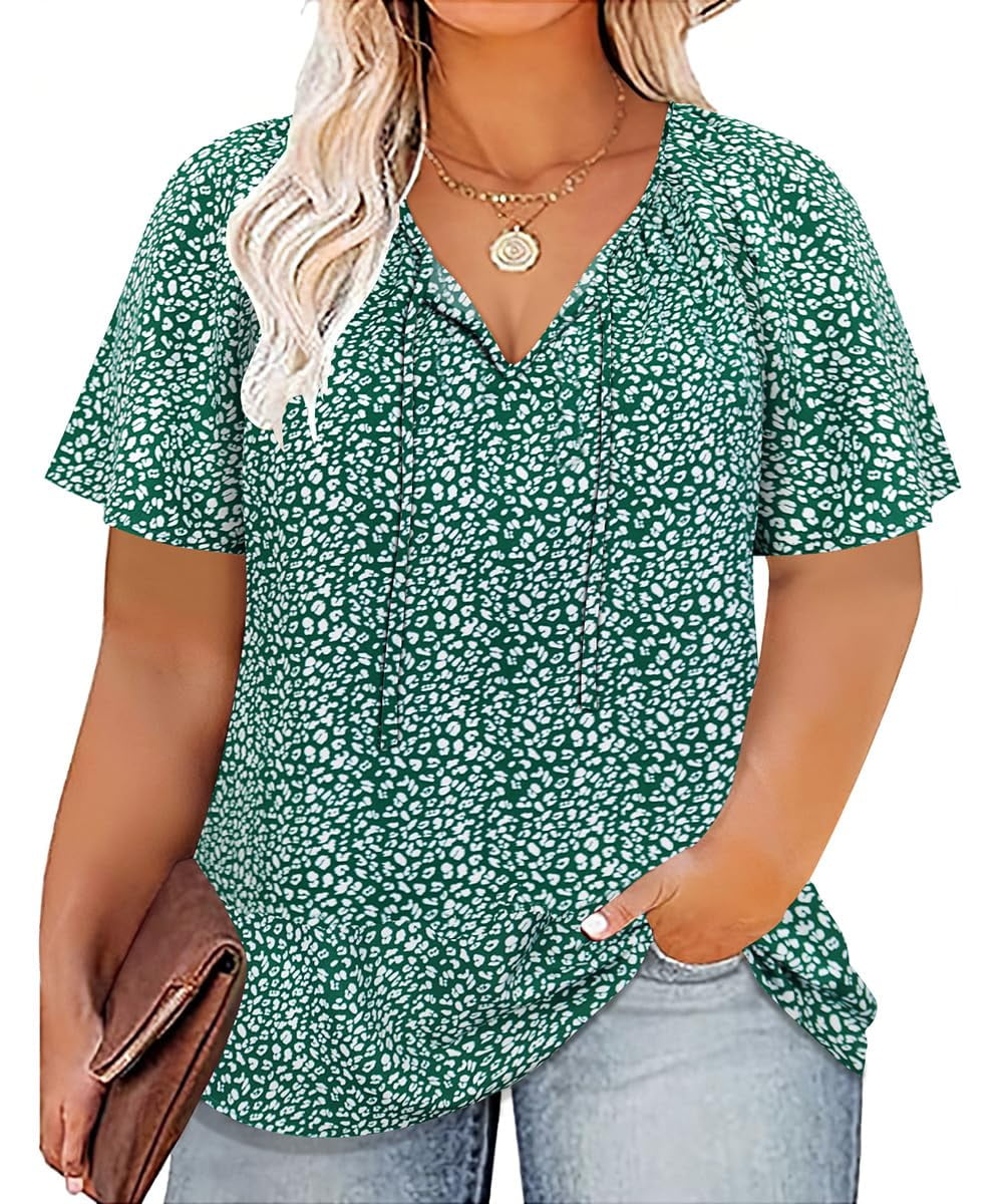 TIYOMI Plus Size Women's Green Floral Printed Blouses 2X V Neck Chiffon ...