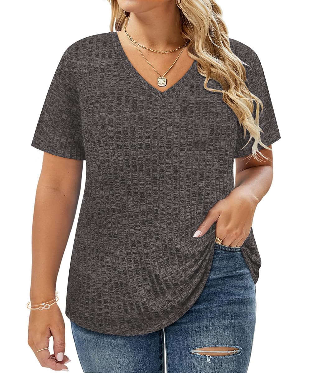 TIYOMI Plus Size Women's Grey Shirts 2X V Neck Summer Knitting Tops Solid Short Sleeve Tee Basic ...