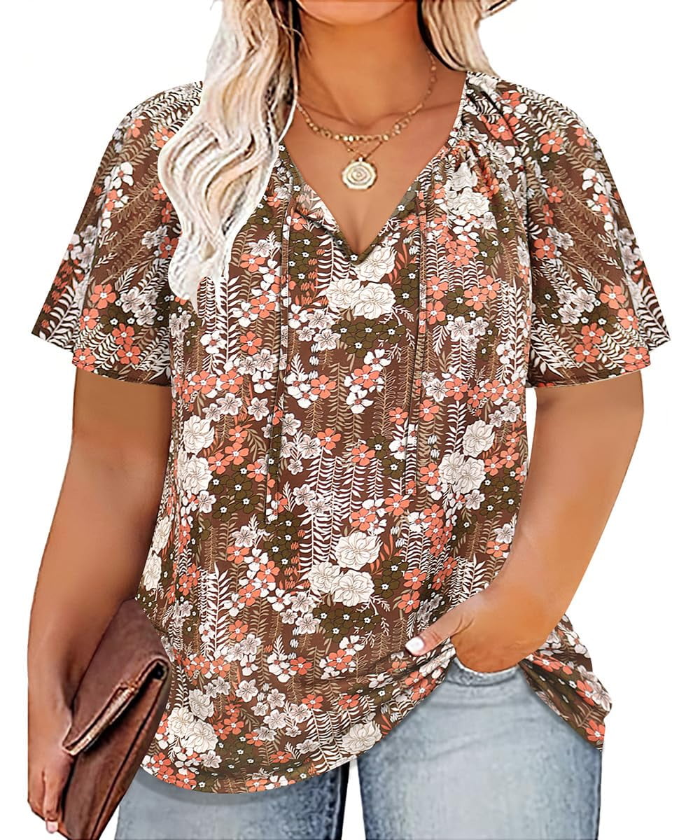 TIYOMI Plus Size Women's Khaki Floral Printed Blouses 2X V Neck Chiffon ...
