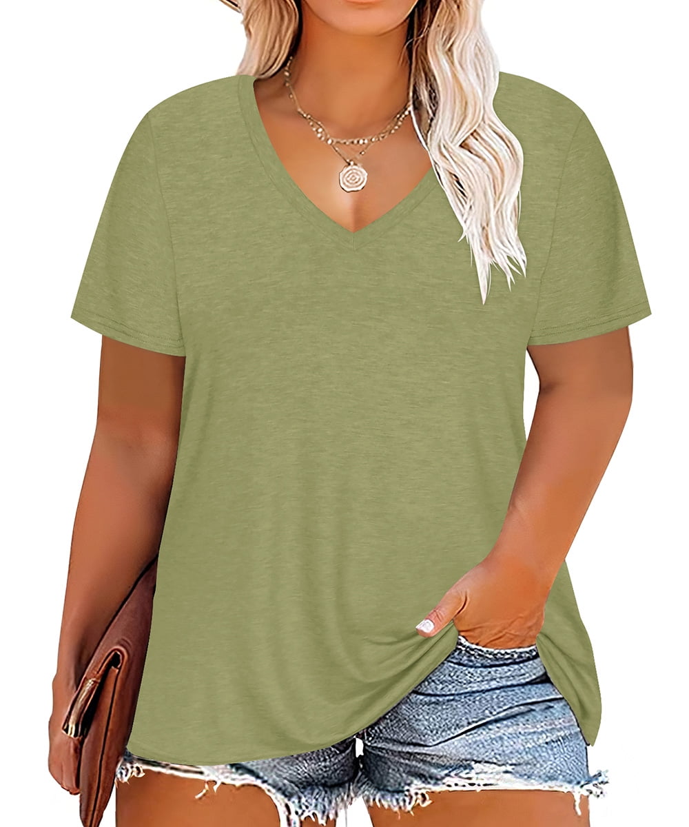 TIYOMI Plus Size Women's Light Green T-shirts 2X V Neck Tops Summer Shirts Short Sleeve Loose ...