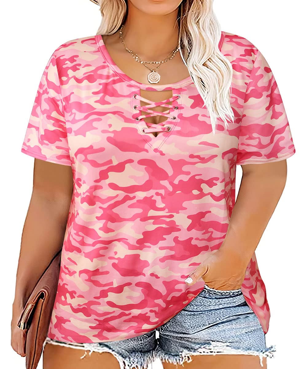 TIYOMI Plus Size Women's Pink Camo Shirts 2X Crewneck Tops Summer ...
