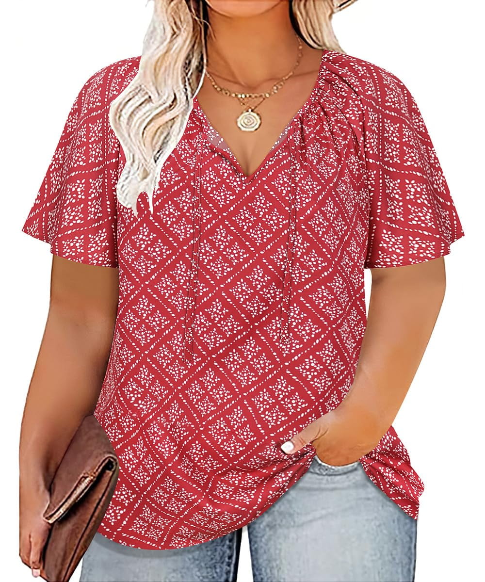 TIYOMI Plus Size Women's Red Floral Printed Blouses 2X V Neck Chiffon ...
