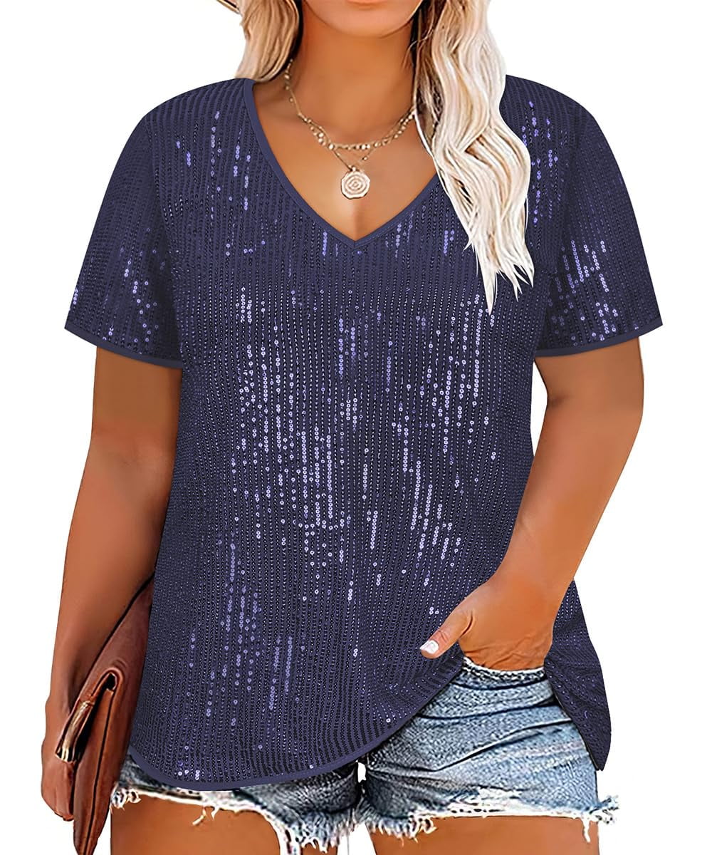TIYOMI Plus Size Women's Sequin Tops 2X V-Neck Summer Tops Sparkly ...