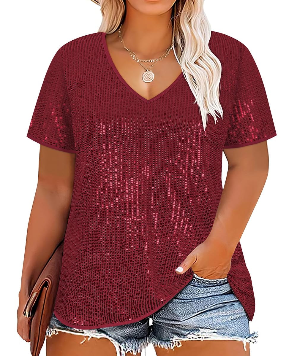 TIYOMI Plus Size Women's Sequin Tops 2X V-Neck Summer Tops Sparkly ...