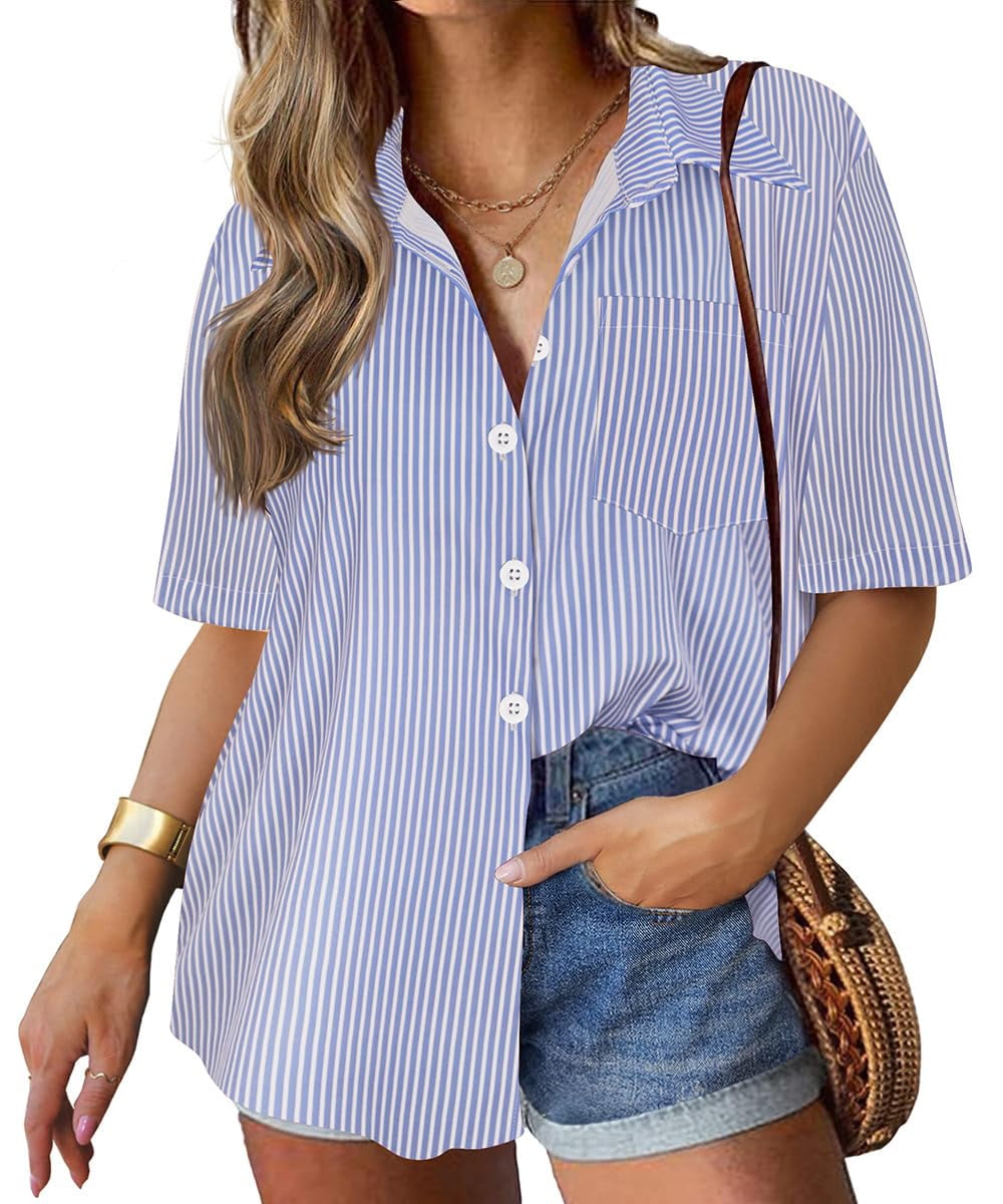 TIYOMI Plus Size Women's Short Sleeve Blue Stripe Shirts 2X Tops ...