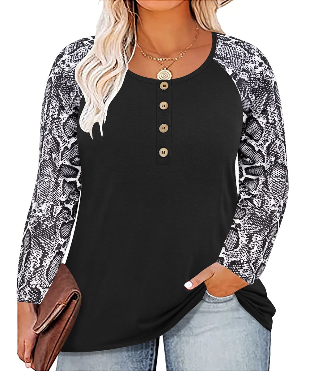 TIYOMI Plus Size Women's Snakeskin Long Sleeve Blouses 2X Button Henley ...