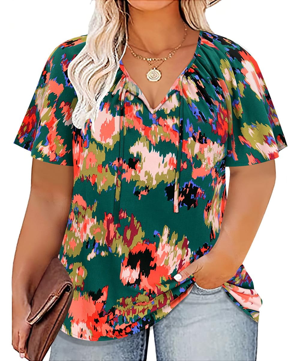 TIYOMI Plus Size Women's Teal Art Printed Blouses 2X V Neck Chiffon ...
