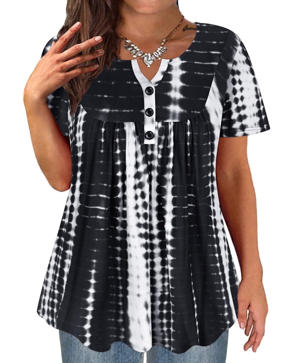 TIYOMI Plus Size Women's Tunic Tops Black Tie Dye Short Sleeve Blouses ...