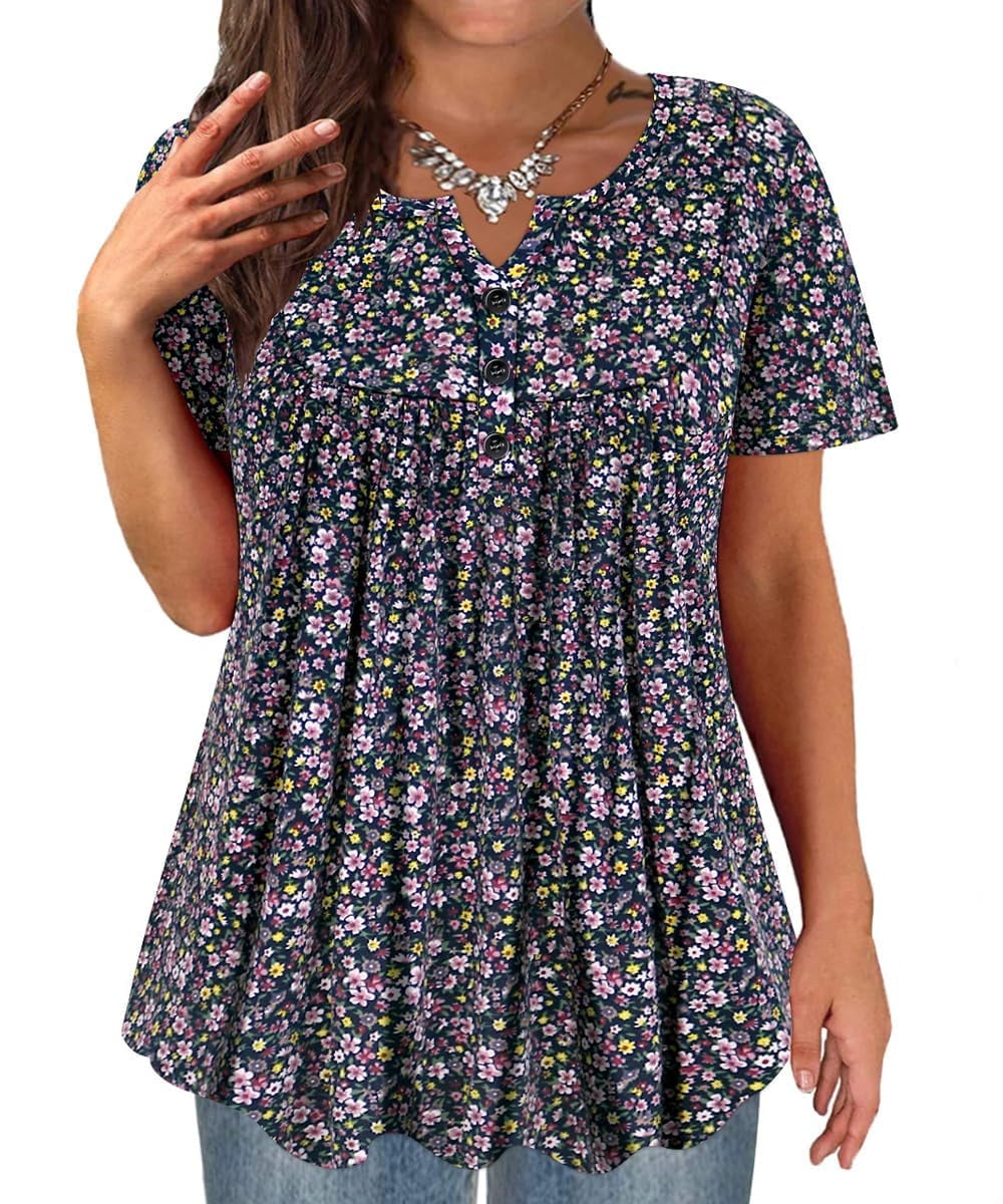 TIYOMI Plus Size Women's Tunic Tops Purple Flower Short Sleeve Blouses ...