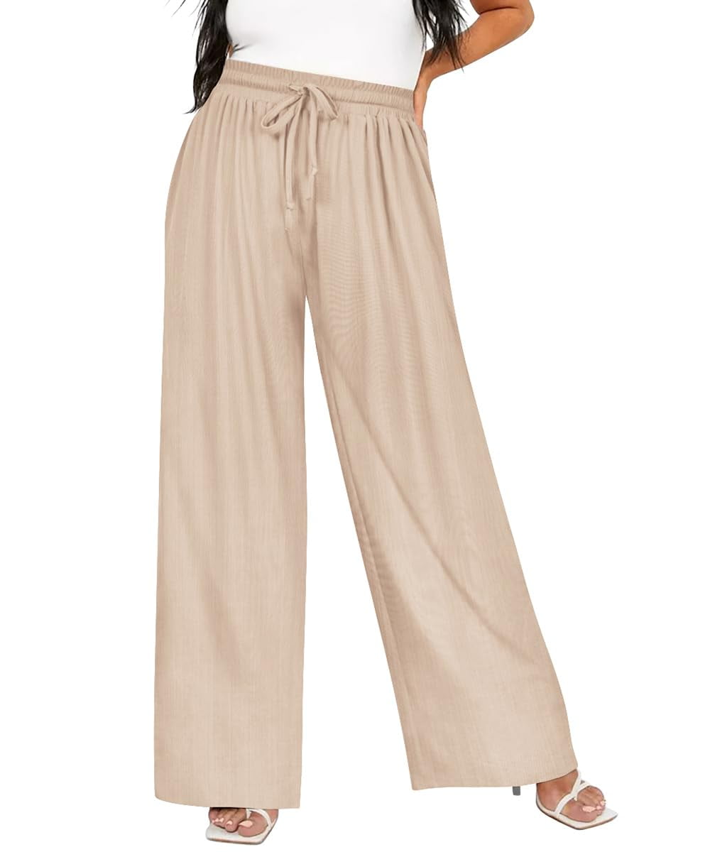 TIYOMI Plus Size Women's Wide Leg Pants 2X Beige Drawstring Pants ...