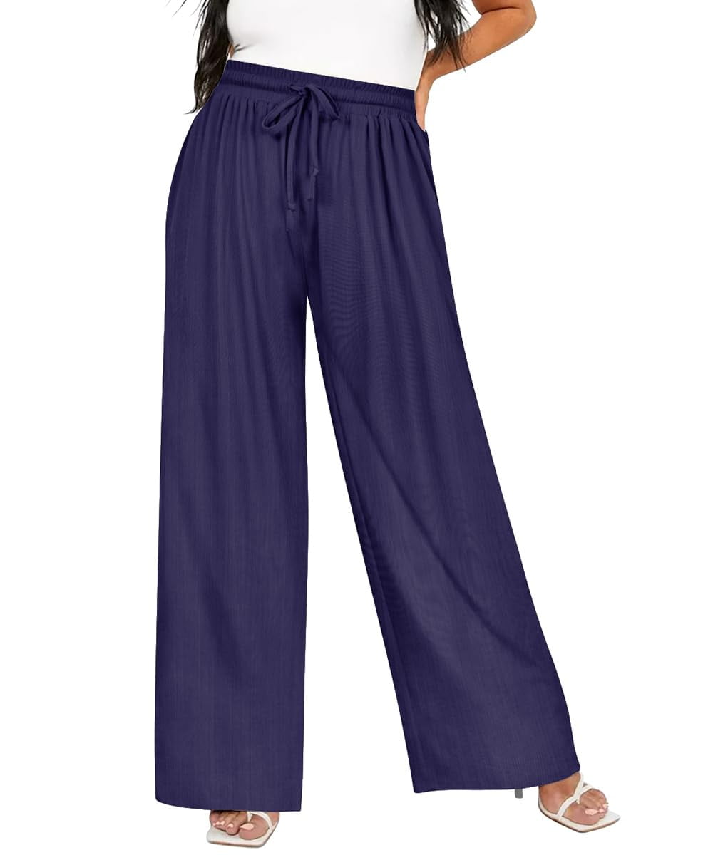 TIYOMI Plus Size Women's Wide Leg Drawstring Pants, Navy Blue ...