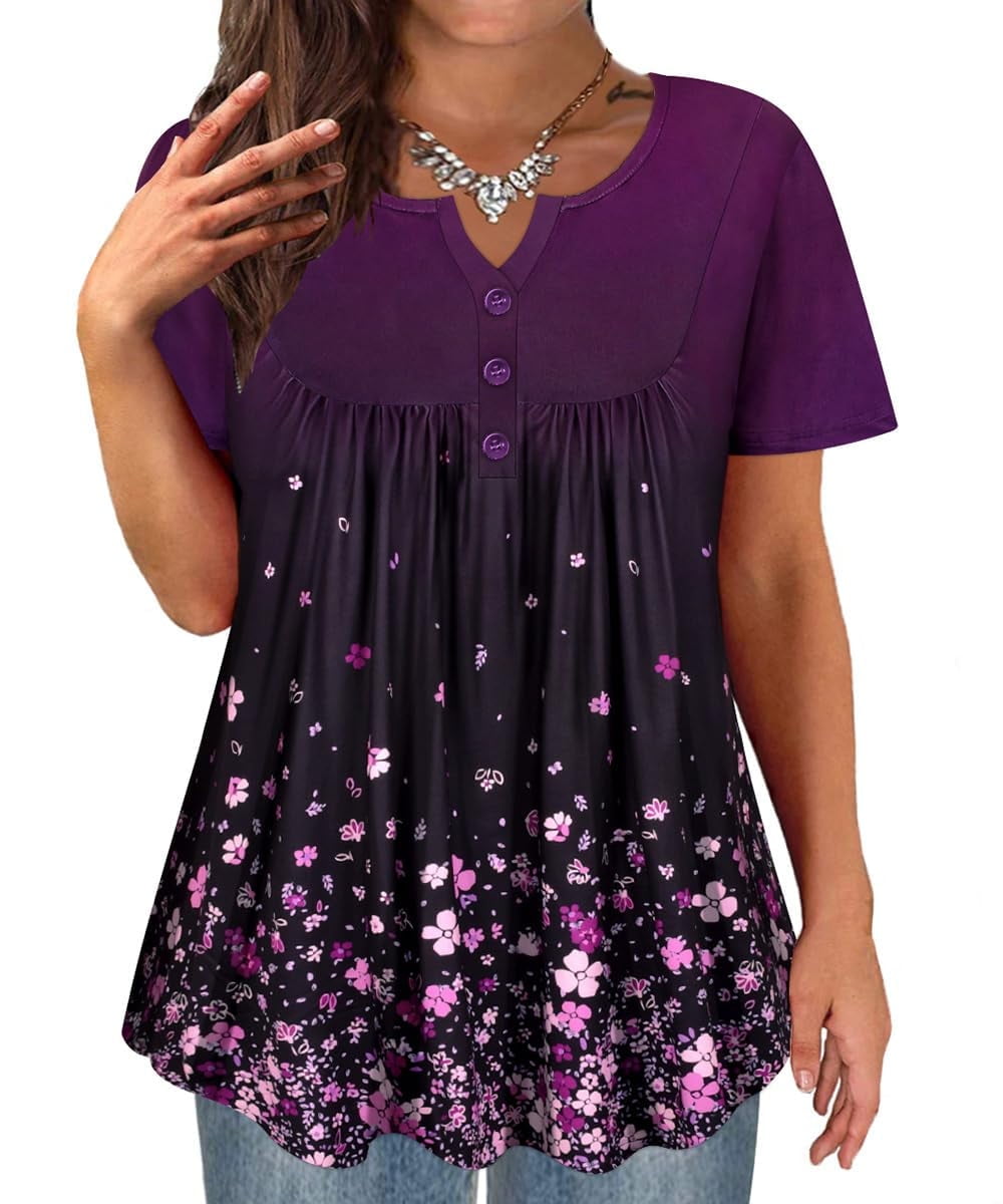 TIYOMI Plus Size Womens Tops 4X Tops Floral Henley Blouses Summer Short ...