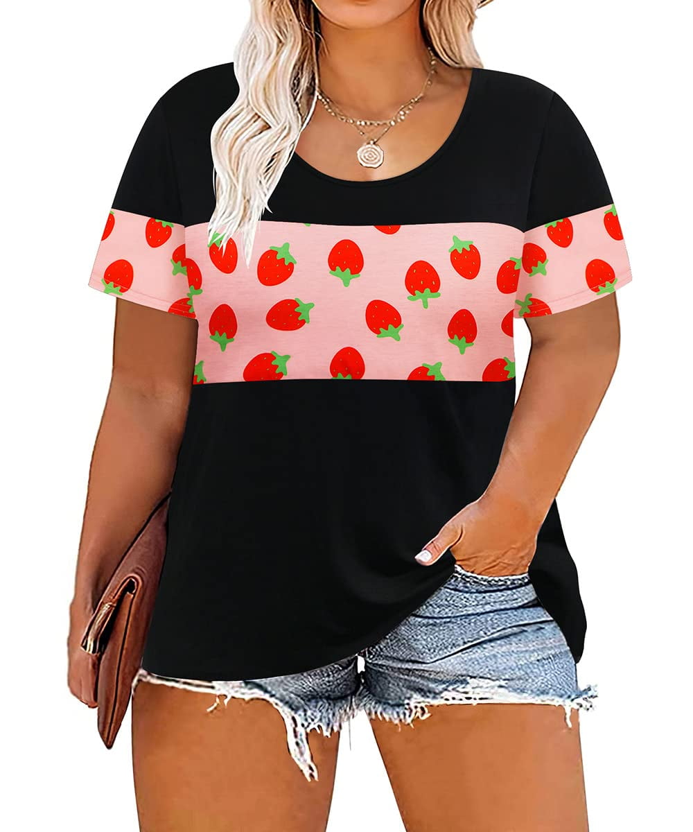 TIYOMI Strawberry Plus Size Tops Womens Gaphic Short Sleeve Black ...