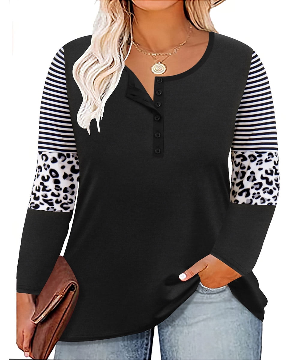 TIYOMI Women's Plus Size 3XL Henley Neck Cheetah Print Long Sleeve Tops ...