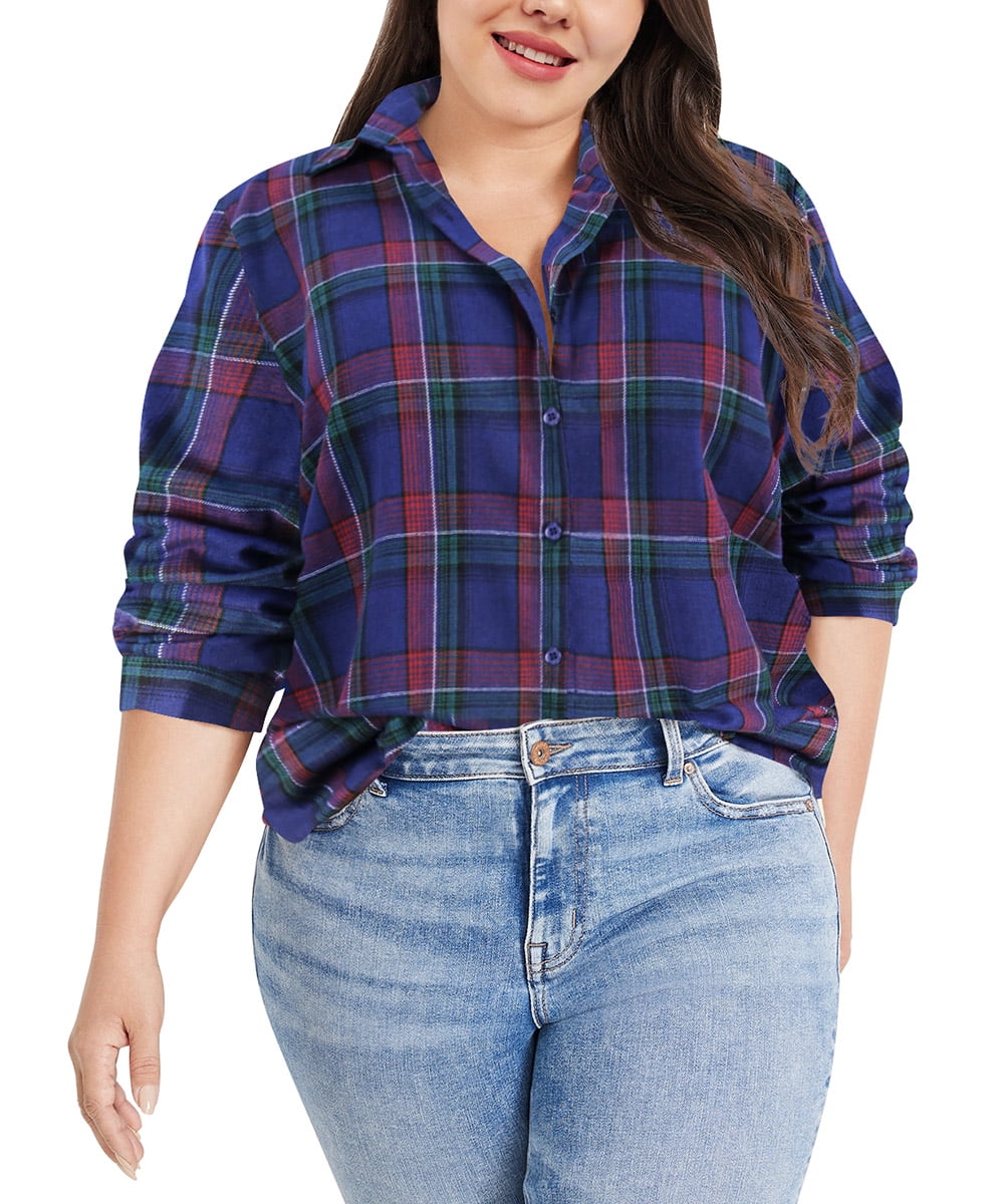 TIYOMI Women's Plus Size Blouses Deep Blue Plaid Blouses Long Sleeve ...