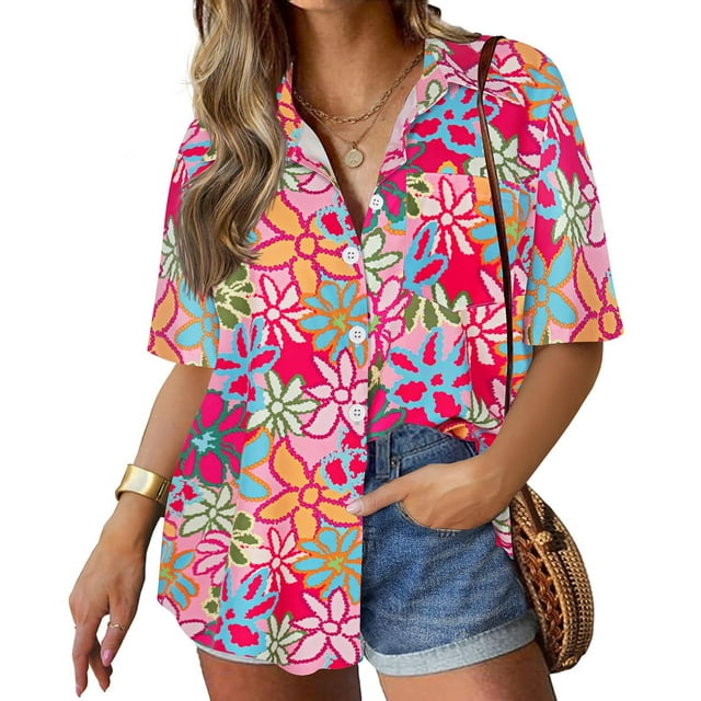TIYOMI Women's Plus Size Floral Shirts Colorful Tops Short Sleeve 3X ...