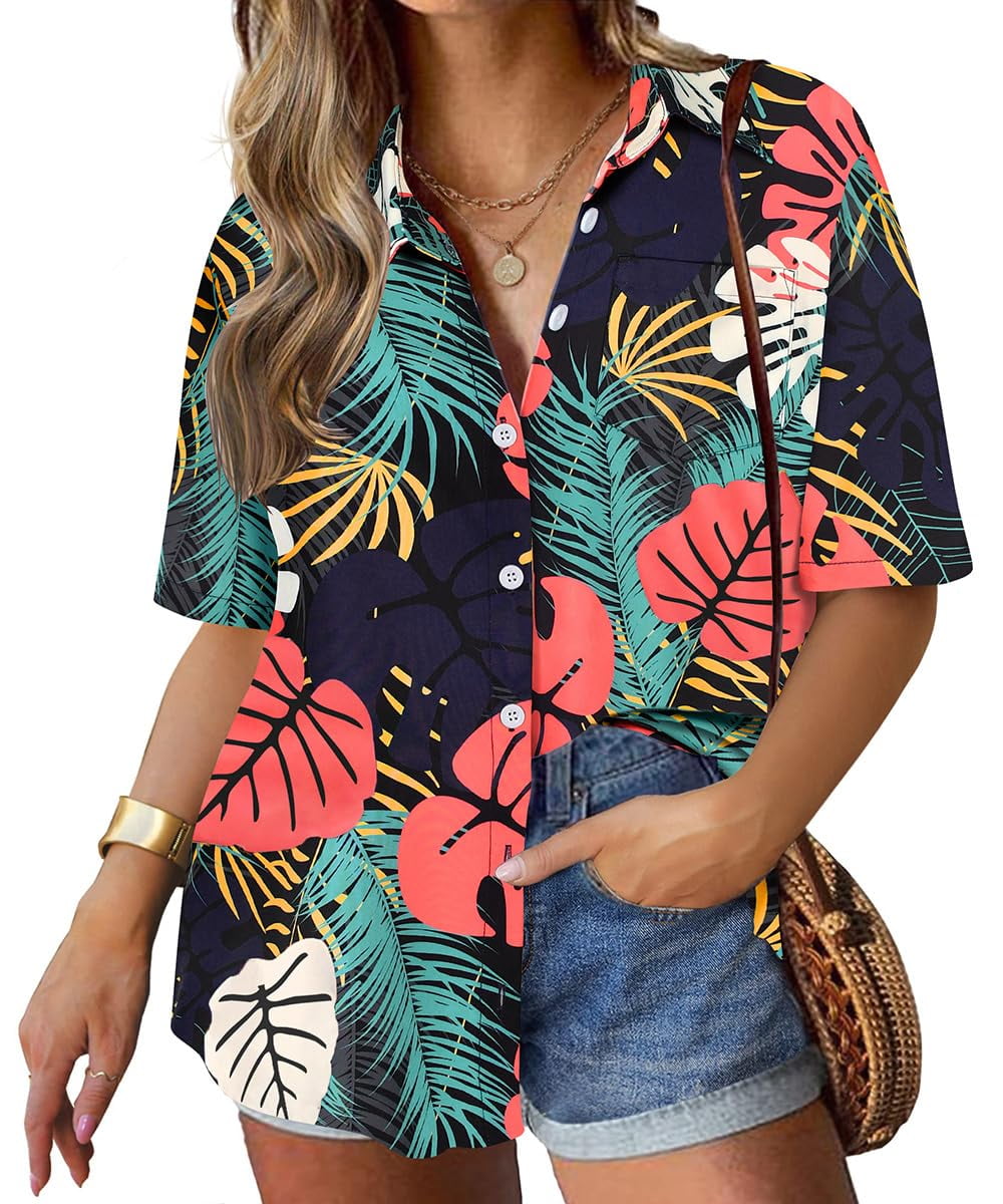 TIYOMI Women's Plus Size Hawaiian Shirt Navy Blue Tops Collared Short ...