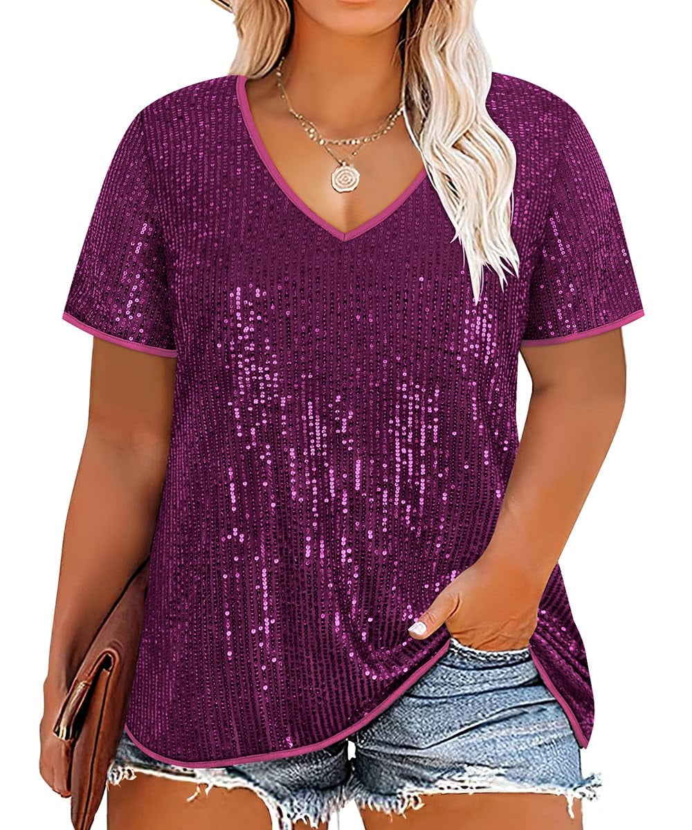 TIYOMI Women's Plus Size Party Tops 3X Purple Summer Sequin Tops Short ...