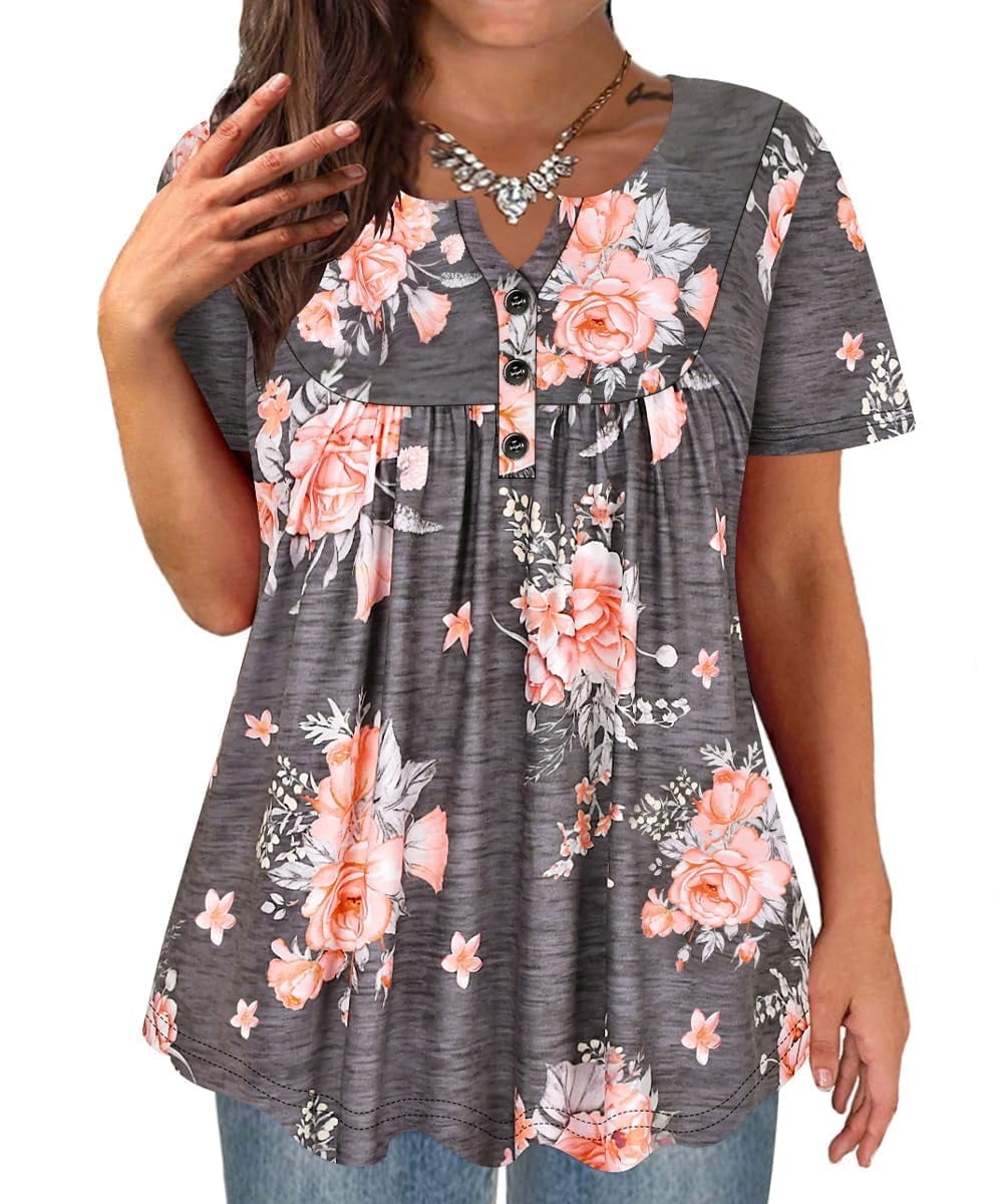 TIYOMI Women's Plus Size Tops 3X Grey Floral Shirts Tunic Tops Babydoll ...