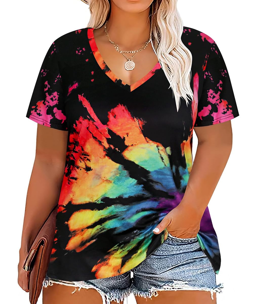 TIYOMI Women's Plus Size Tops, Loose Fit Tie Dye T-shirts, V Neck Short ...