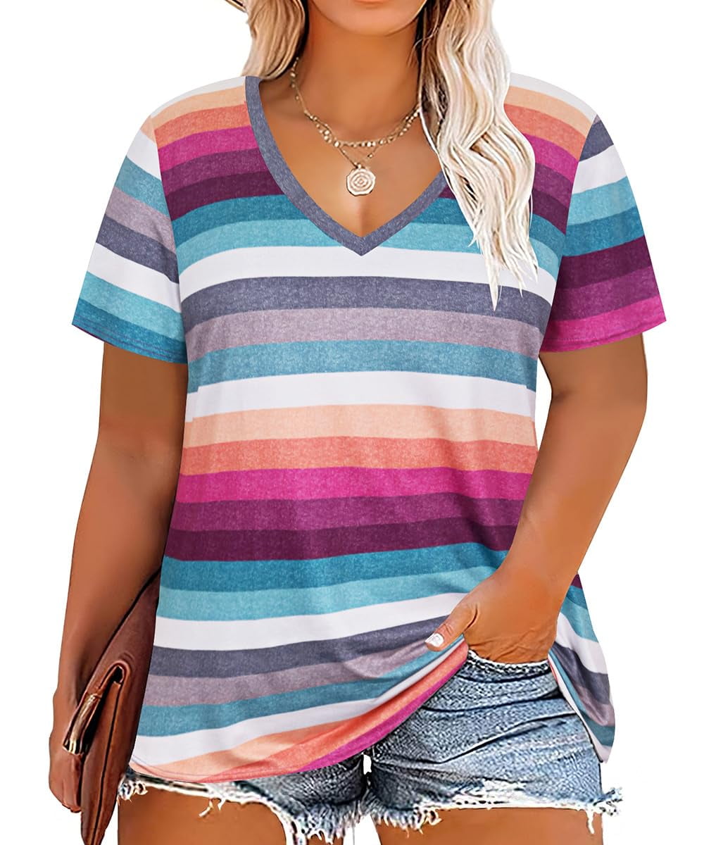 TIYOMI Women's Plus Size 3XL V Neck Rainbow Stripe Blouses, Loose Fit ...