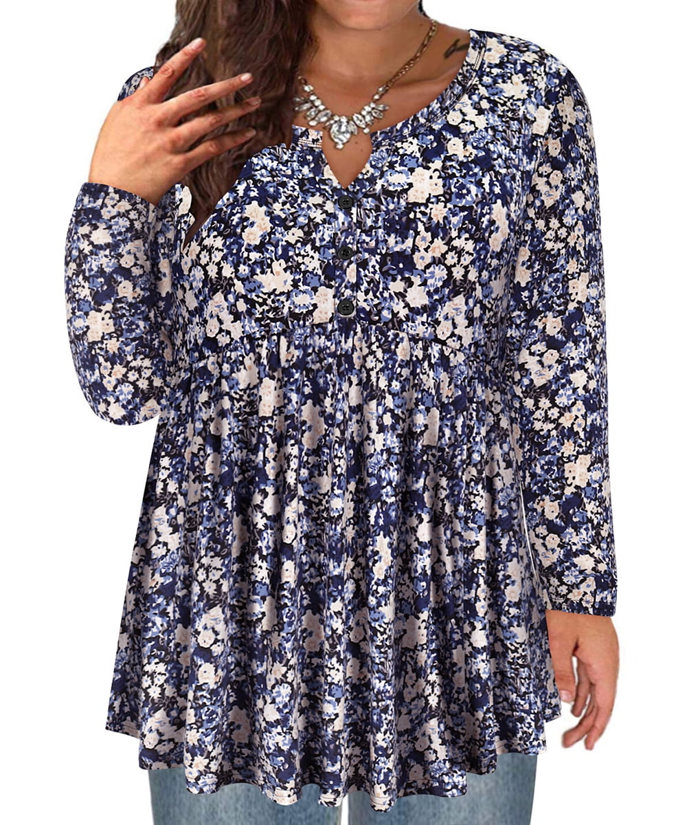 TIYOMI Women's Plus Size Tops Swing Flowy Long Sleeve Tunic 3X Pleated ...