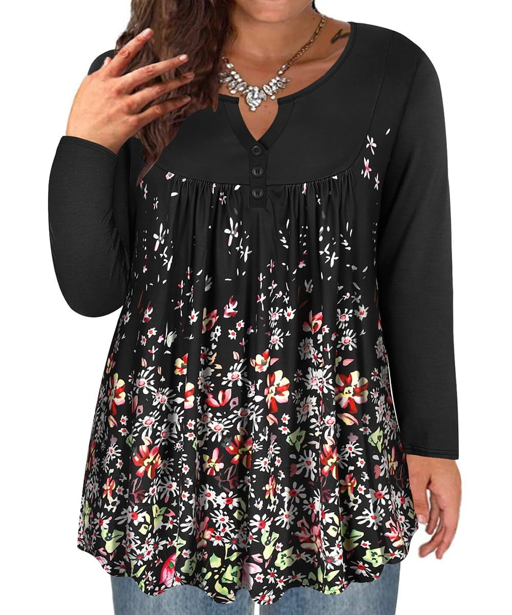 TIYOMI Women's Plus Size Tops Swing Flowy Long Sleeve Tunics 3X Pleated ...