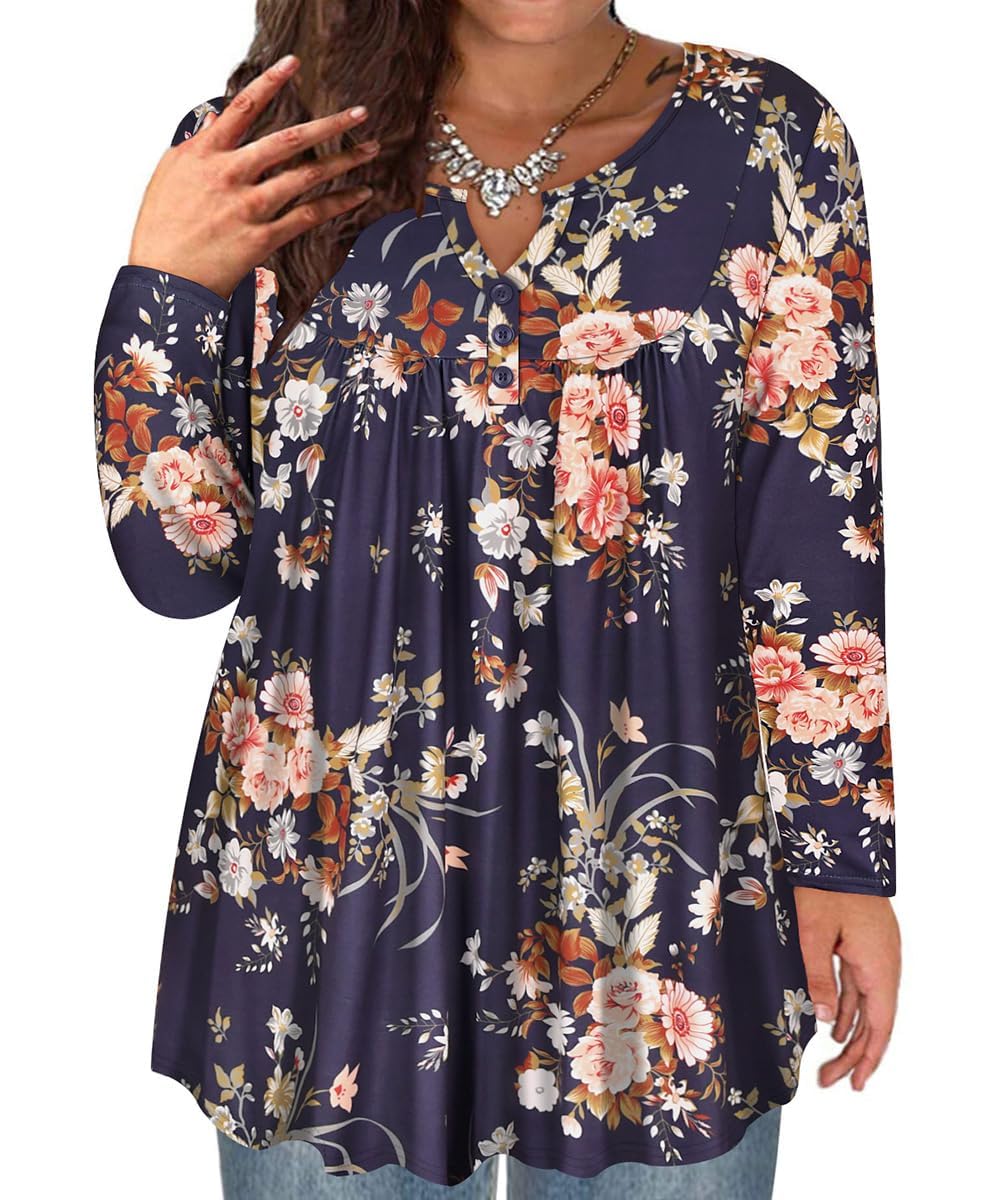 TIYOMI Women's Plus Size Tops Swing Flowy Long Sleeve Tunics 3X Pleated ...