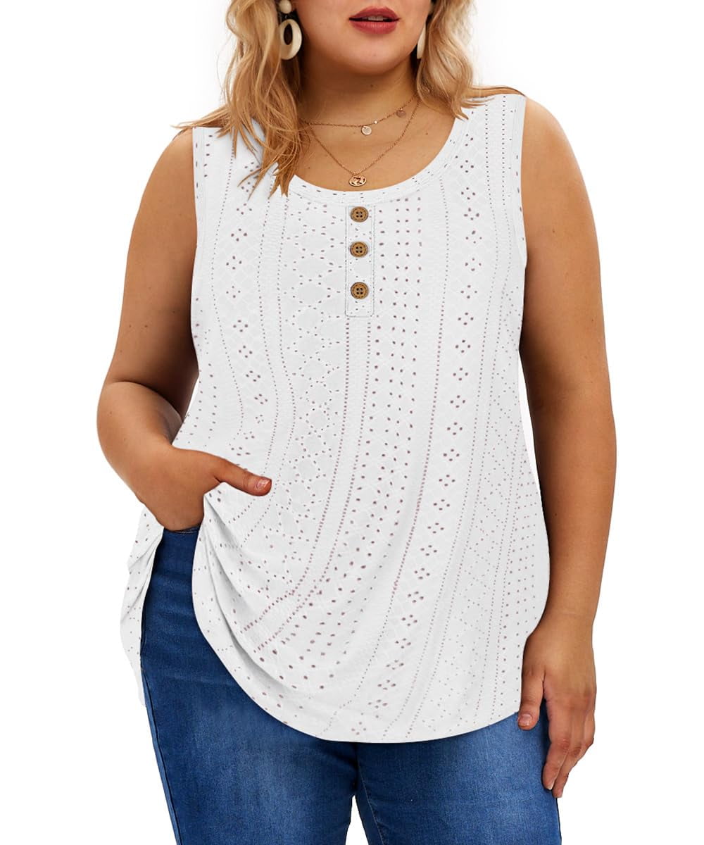 TIYOMI Women's Plus Size White Tank Tops 3X Eyelet Crewneck Tank Tops Sleeveless Basic Solid ...