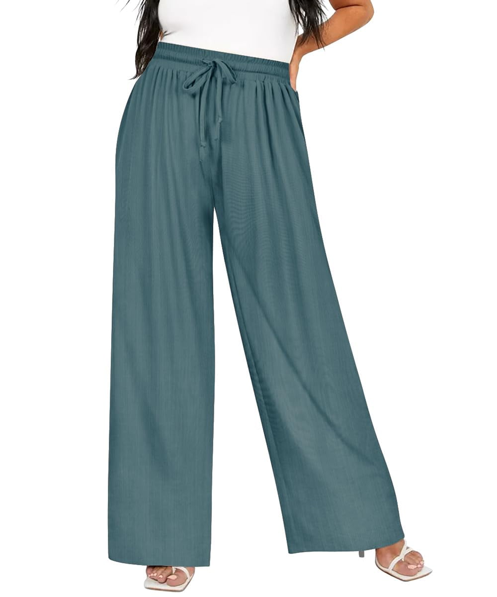 TIYOMI Women's Plus Size Wide Leg Pants 3X Green Elastic High Waisted ...