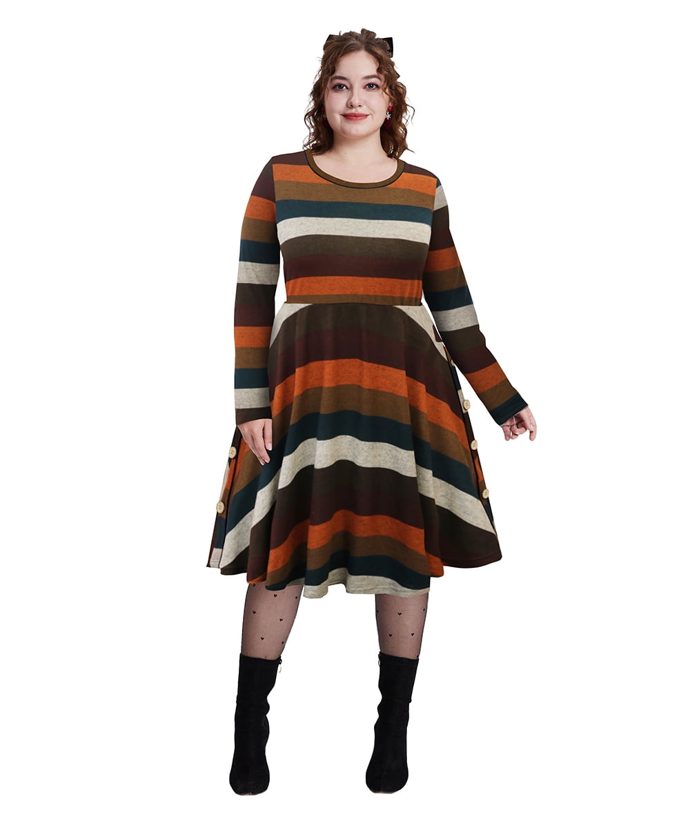 TIYOMI Womens Plus Size Dress 2X Basic Orange Stripe Long Sleeve Button ...