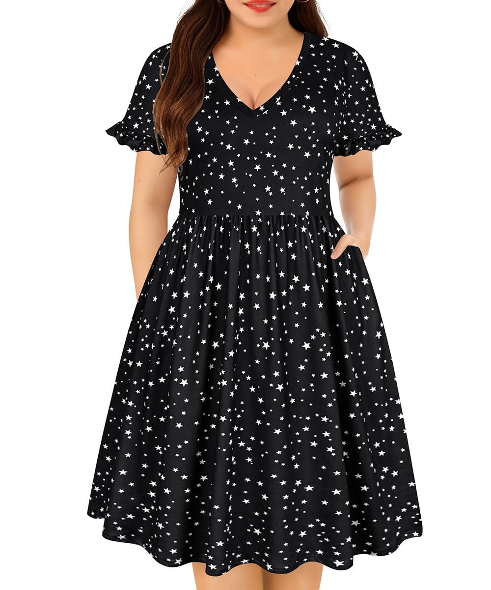 TIYOMI Womens Plus Size Dress 2X Basic Summer Short Sleeve Black Star ...