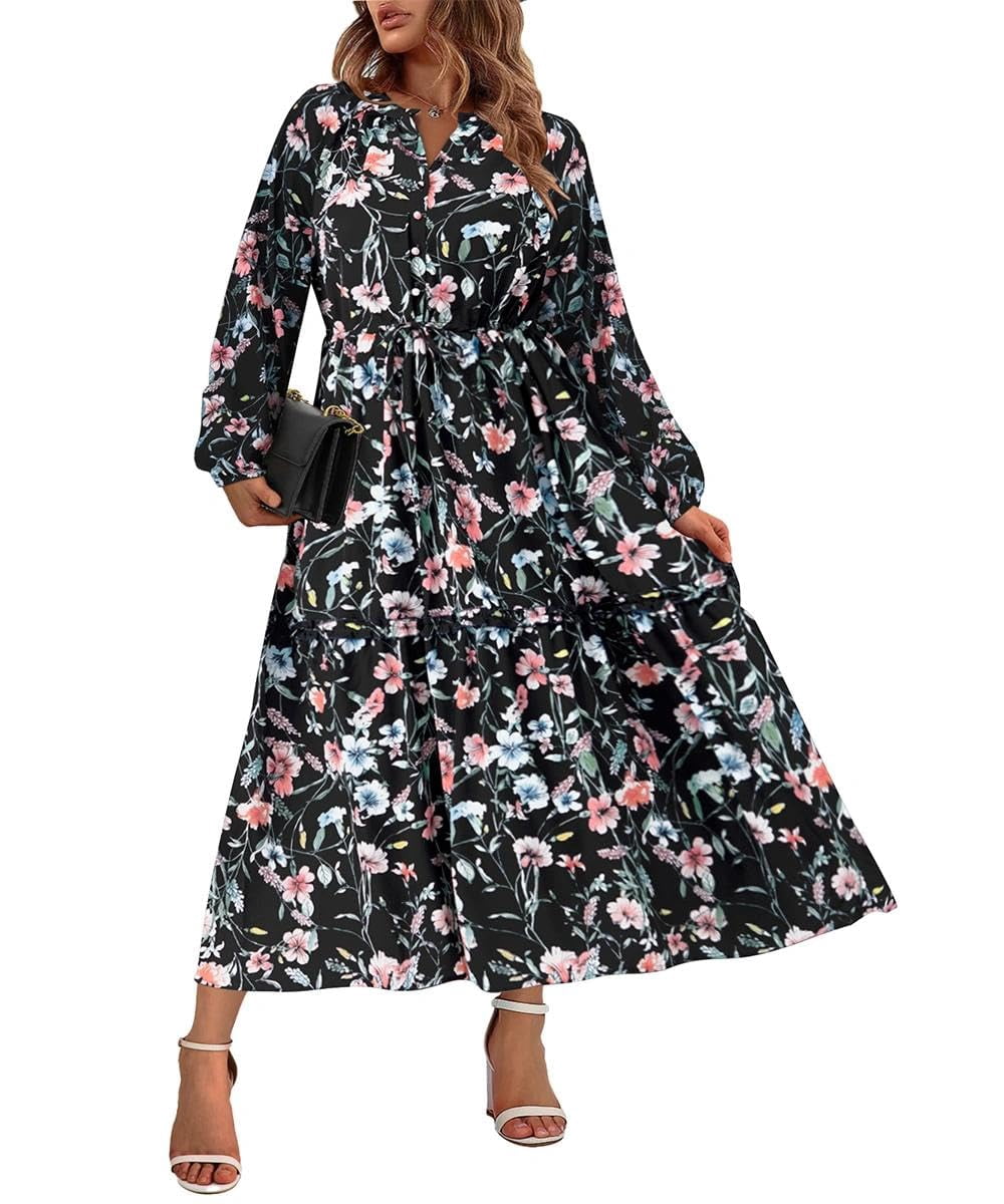 TIYOMI Womens Plus Size Dresses Fall Long Sleeve Black Floral Maxi ...