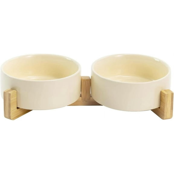 Ceramic Dog and Cat Bowl Set with Wooden Stand, Modern Cute Weighted ...