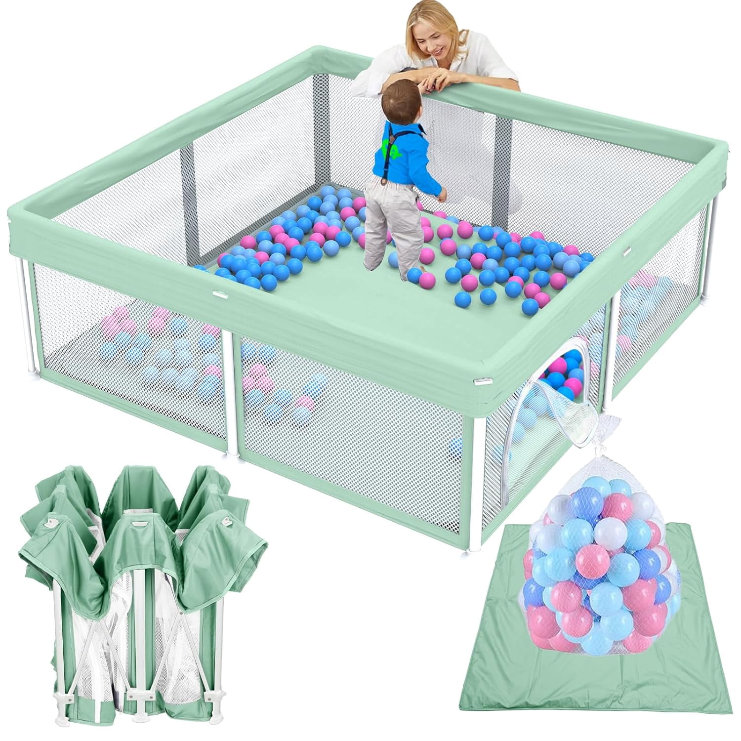 TJOUL Foldable Baby Playpen with Mat, 50"×50" Collapsible Play Pen for ...