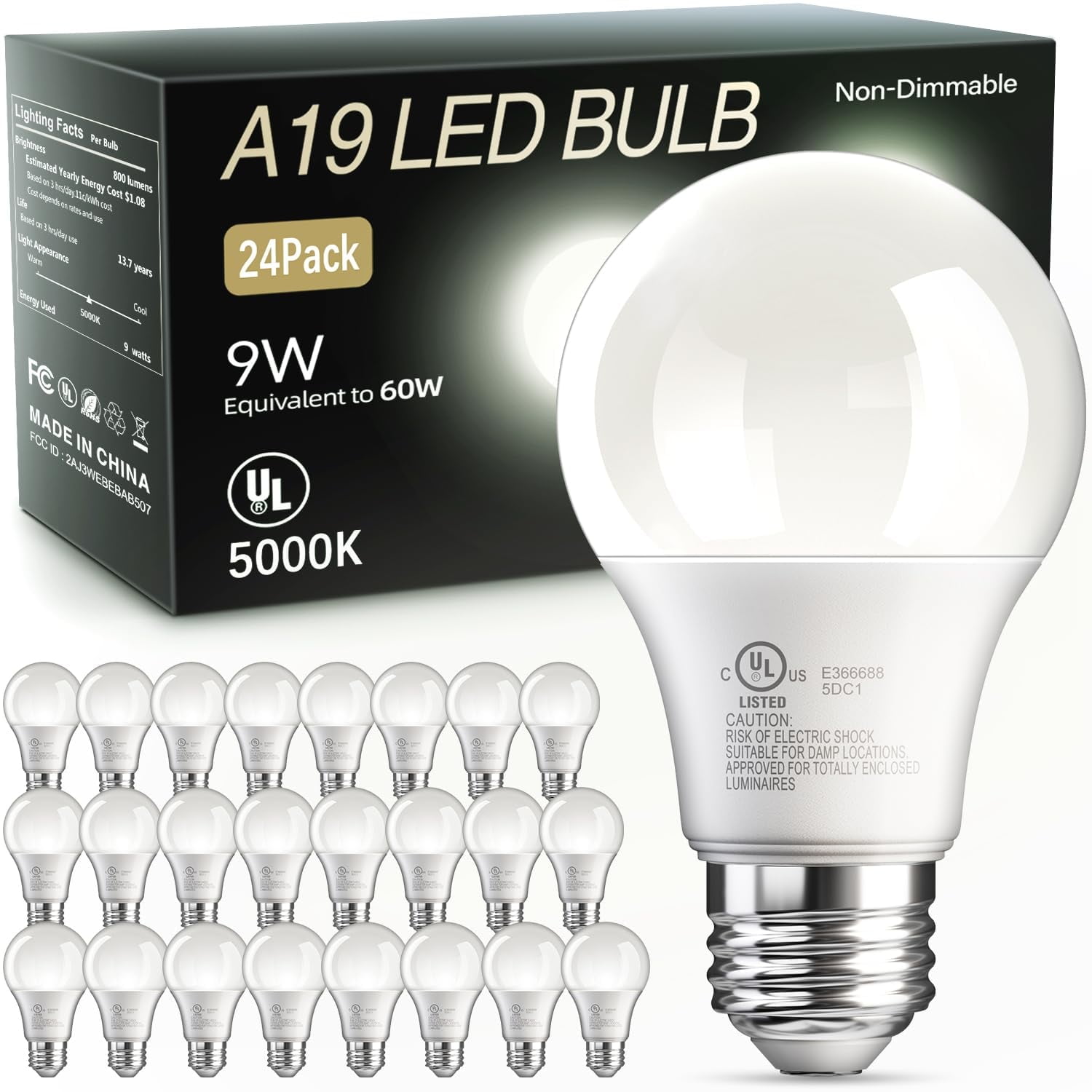 TJOY 24 Pack A19 LED Light Bulbs, 60 Watt Equivalent,9W, Daylight 5000K ...