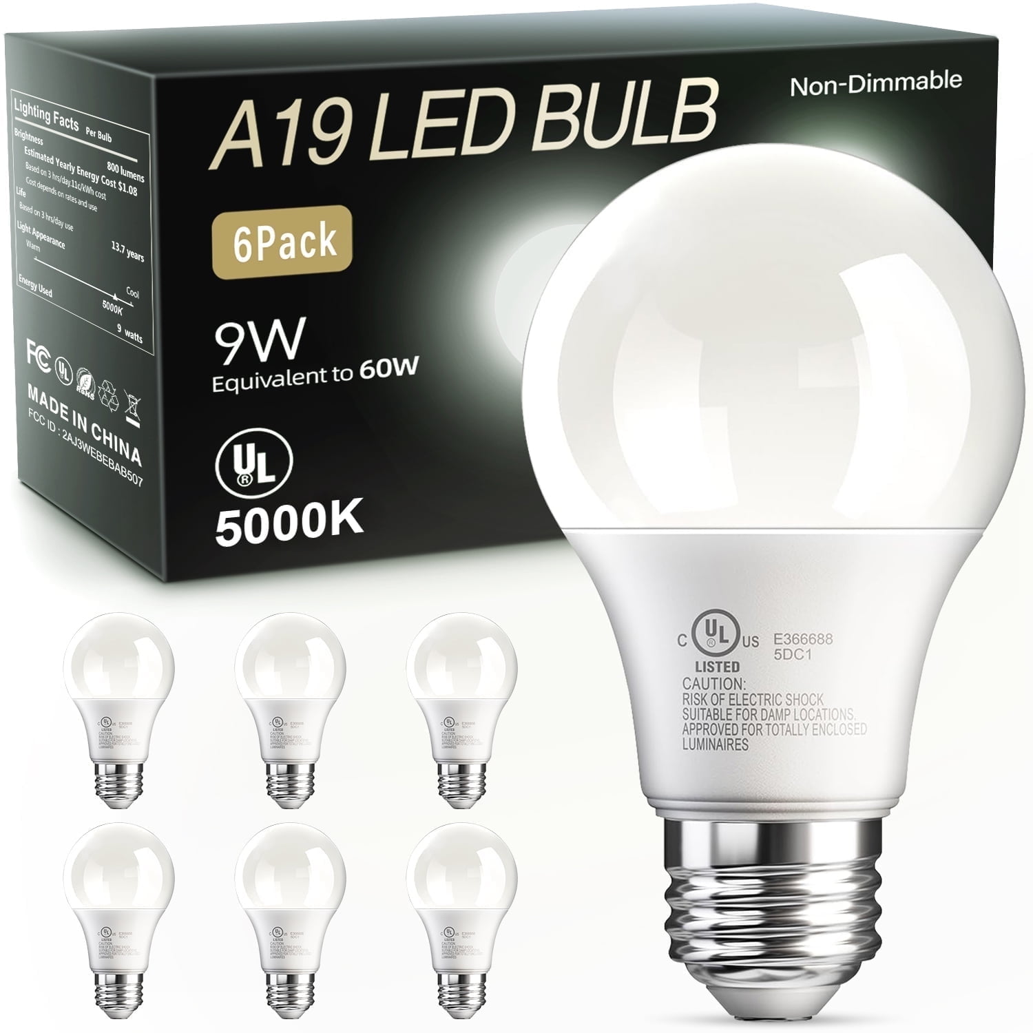 TJOY 6 Pack A19 LED Light Bulbs, 60 Watt Equivalent LED Bulb, Efficient ...