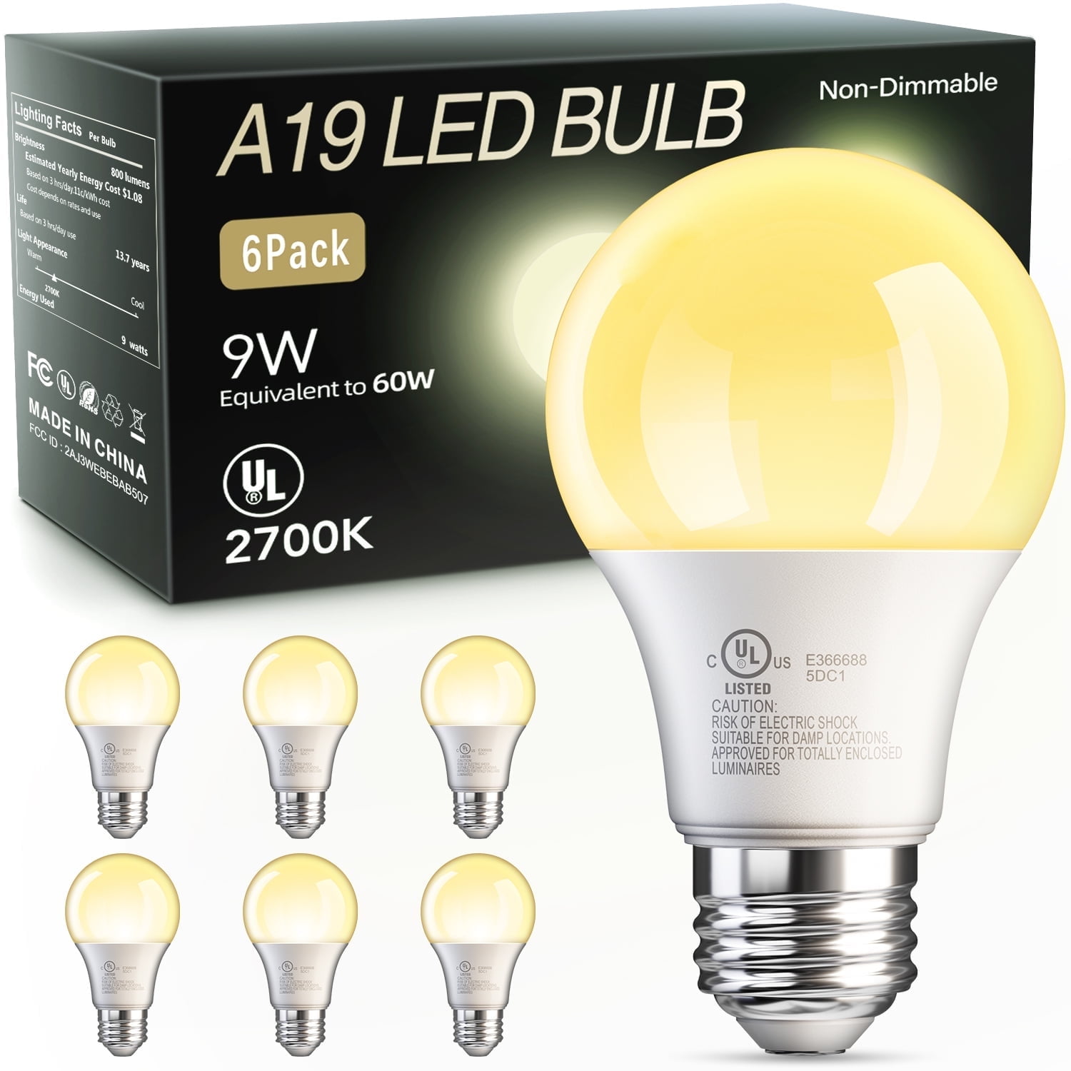 TJOY 6 Pack A19 LED Light Bulbs, 60 Watt Equivalent LED Bulb, Efficient ...
