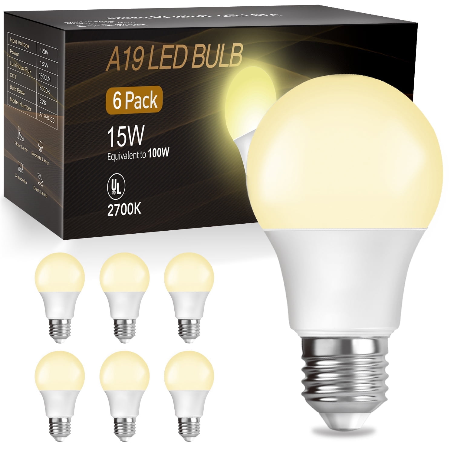 TJOY A19 LED Light Bulbs, 100W Equivalent,2700K Soft White, 15W 1500 ...