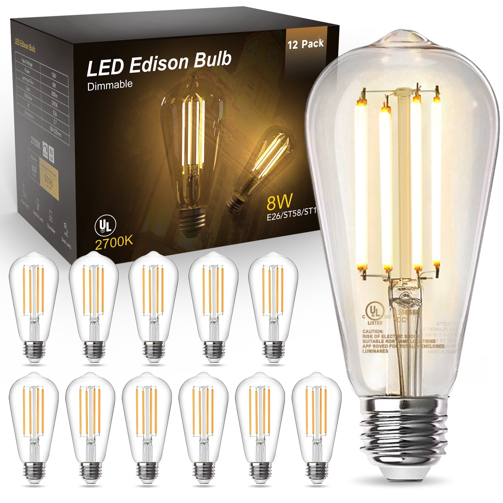 TJOY Edison Light Bulbs 60W Equivalent, Dimmable Vintage LED Light ...