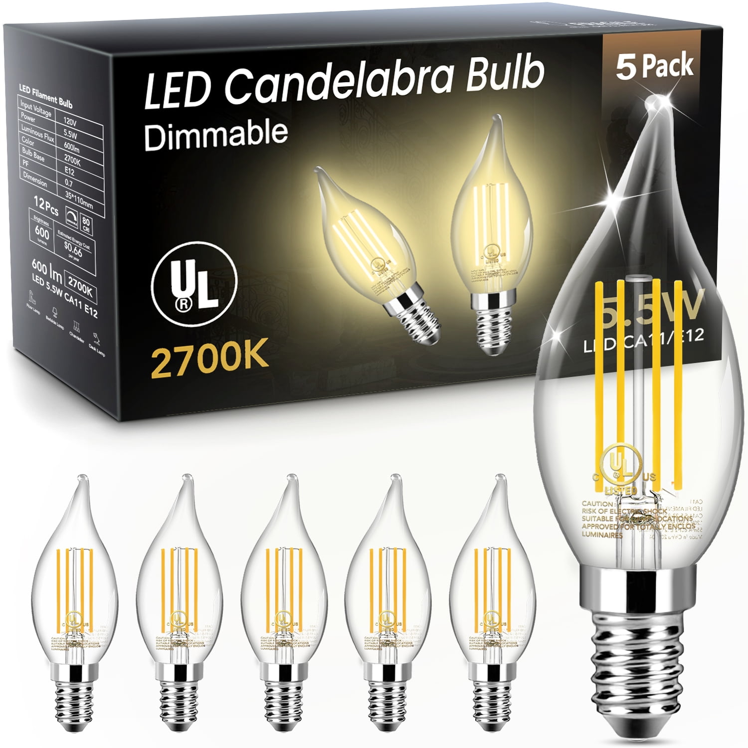 TJOY LED Candelabra Bulb Dimmable, 60W Equivalent LED Chandelier Light Bulbs, 5.5W 2700K Warm ...