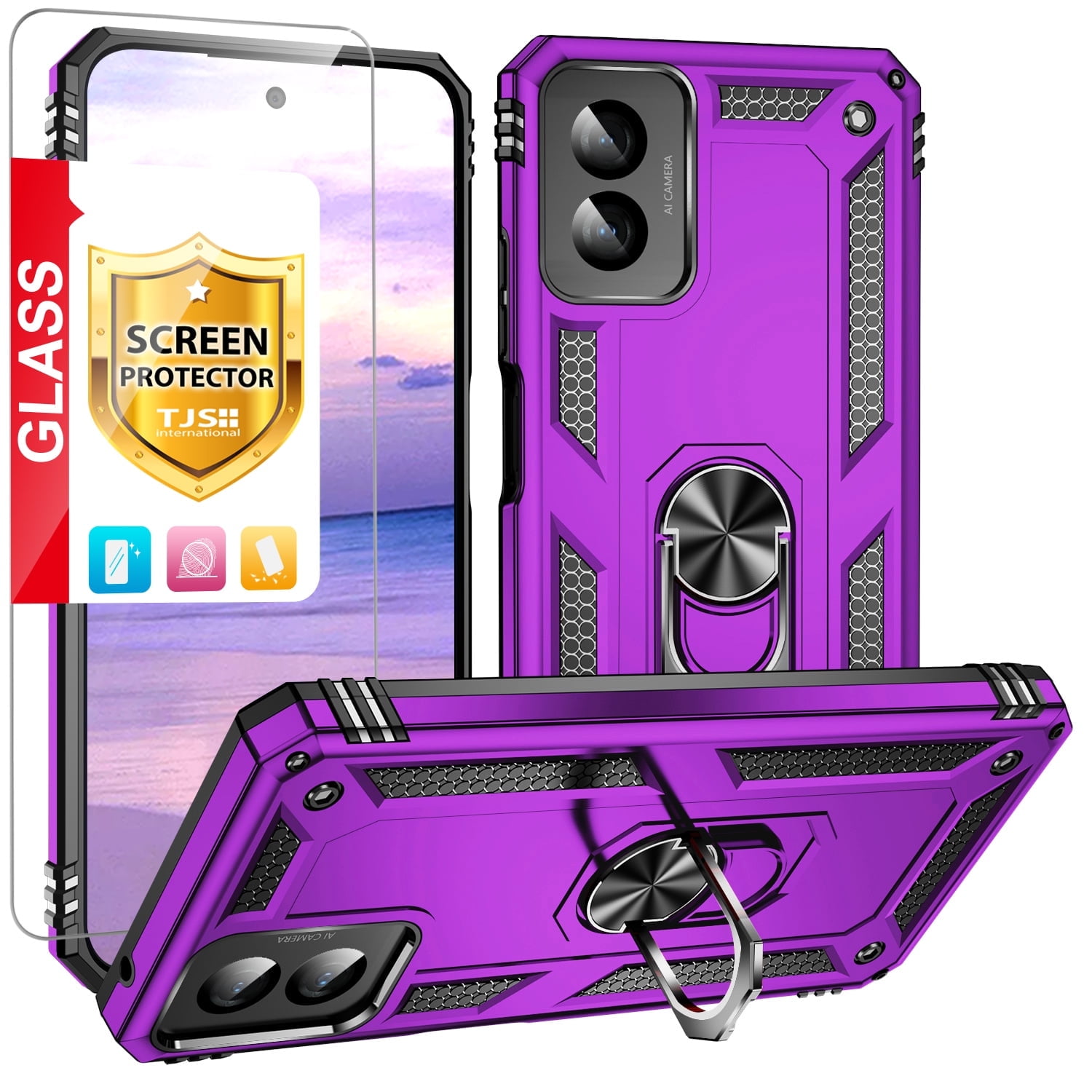 TJS Motorola Moto G Power 5G 2024 Phone Case, Purple, Tempered Glass ...