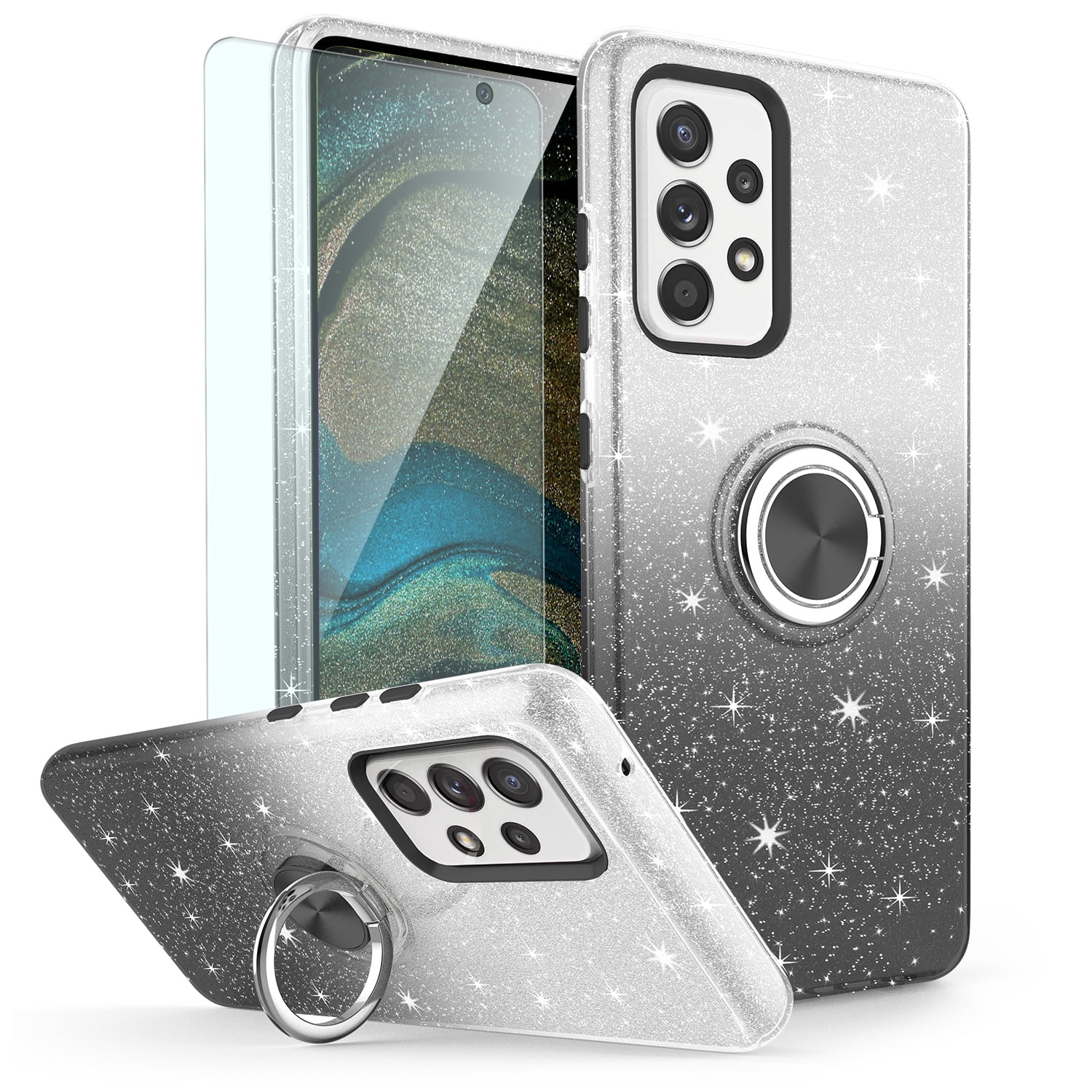 TJS Phone Case for Samsung Galaxy A53 5G, with Tempered Glass Screen Protector Two Tone Shinny ...