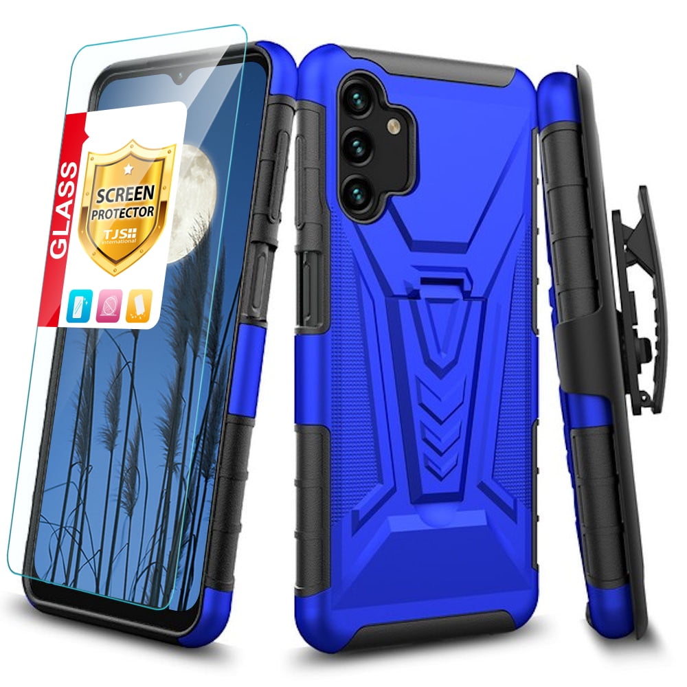 TJS Samsung Galaxy A14 5G Phone Case, Tempered Glass Protector, Belt Clip Holster, Rugged ...