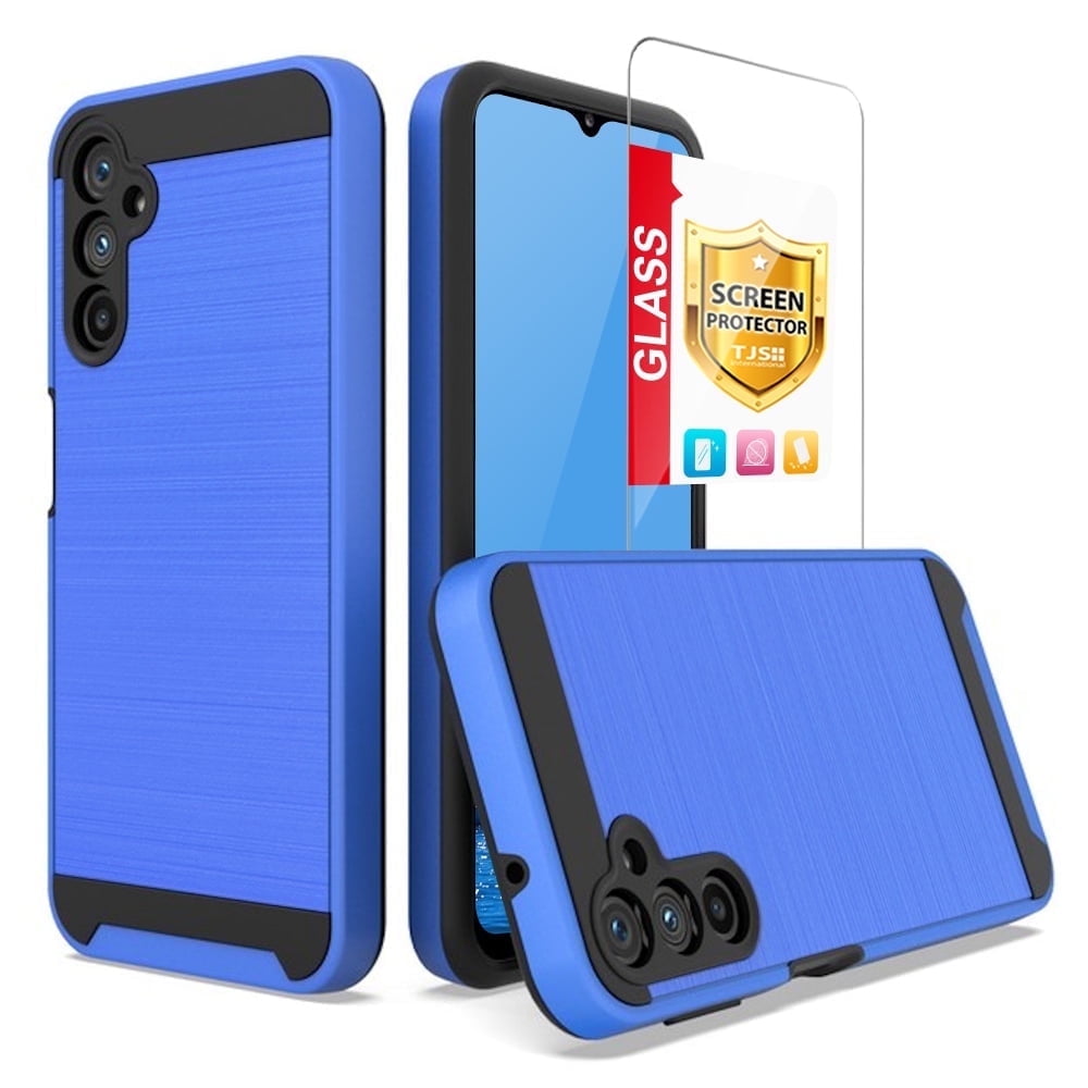 TJS Samsung Galaxy A14 5G Case, Dual Layer Armor, Tempered Glass Screen Protector, Brushed ...
