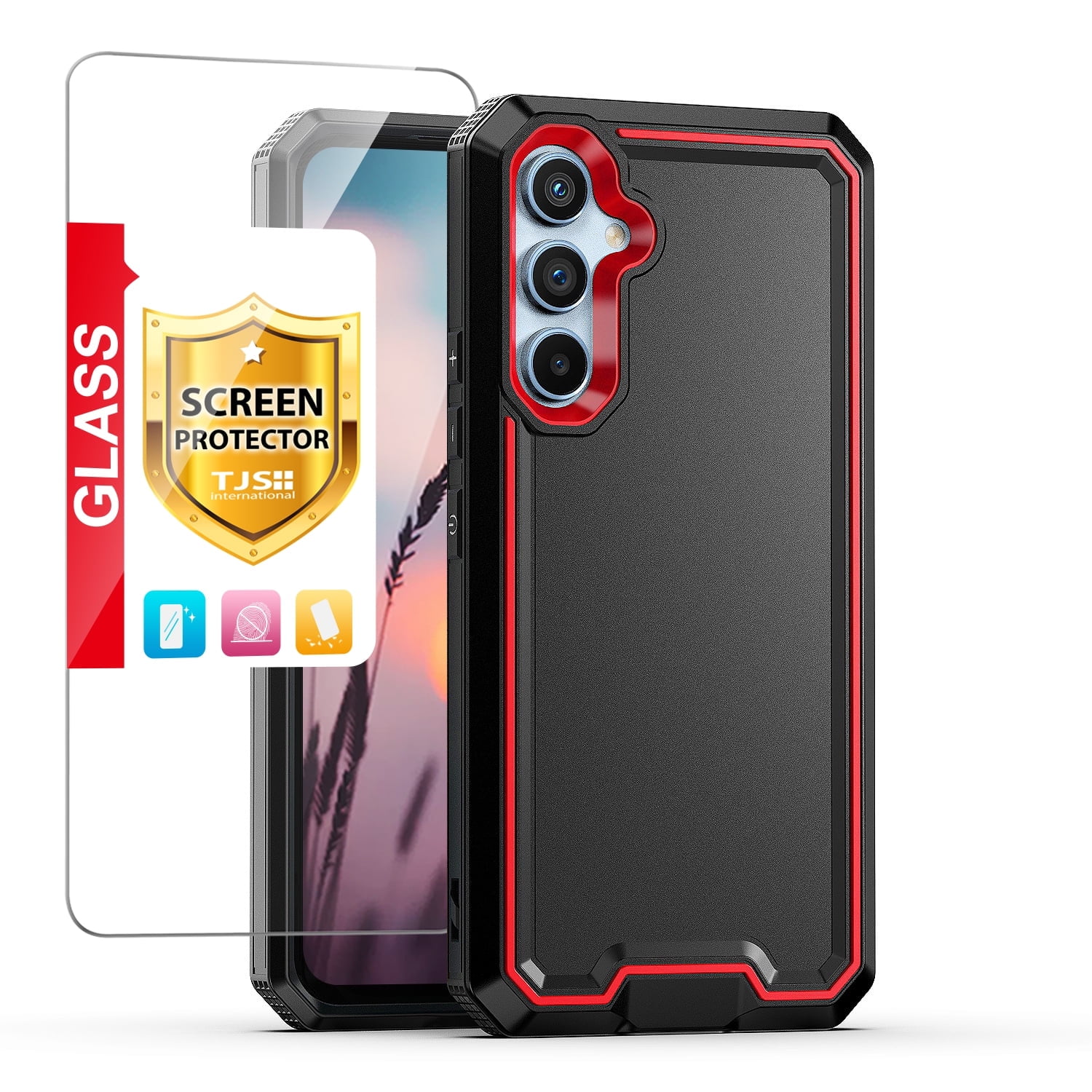 TJS Samsung Galaxy A15 5G Phone Case, Dual-Layer Shockproof Cover, Tempered Glass Protector ...